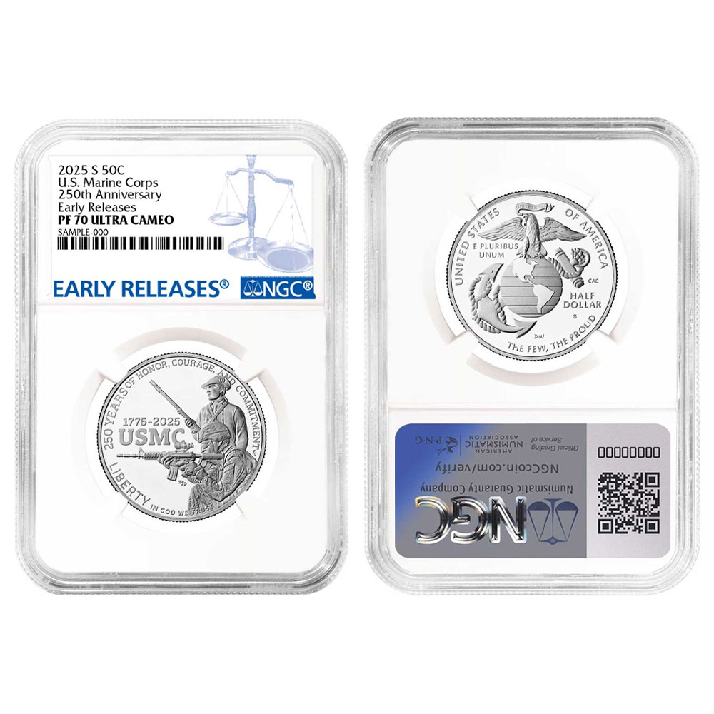 2025-S 50c Proof Clad U.S. Marine Corps 250th Anniv. Commem. NGC PF70UC ...